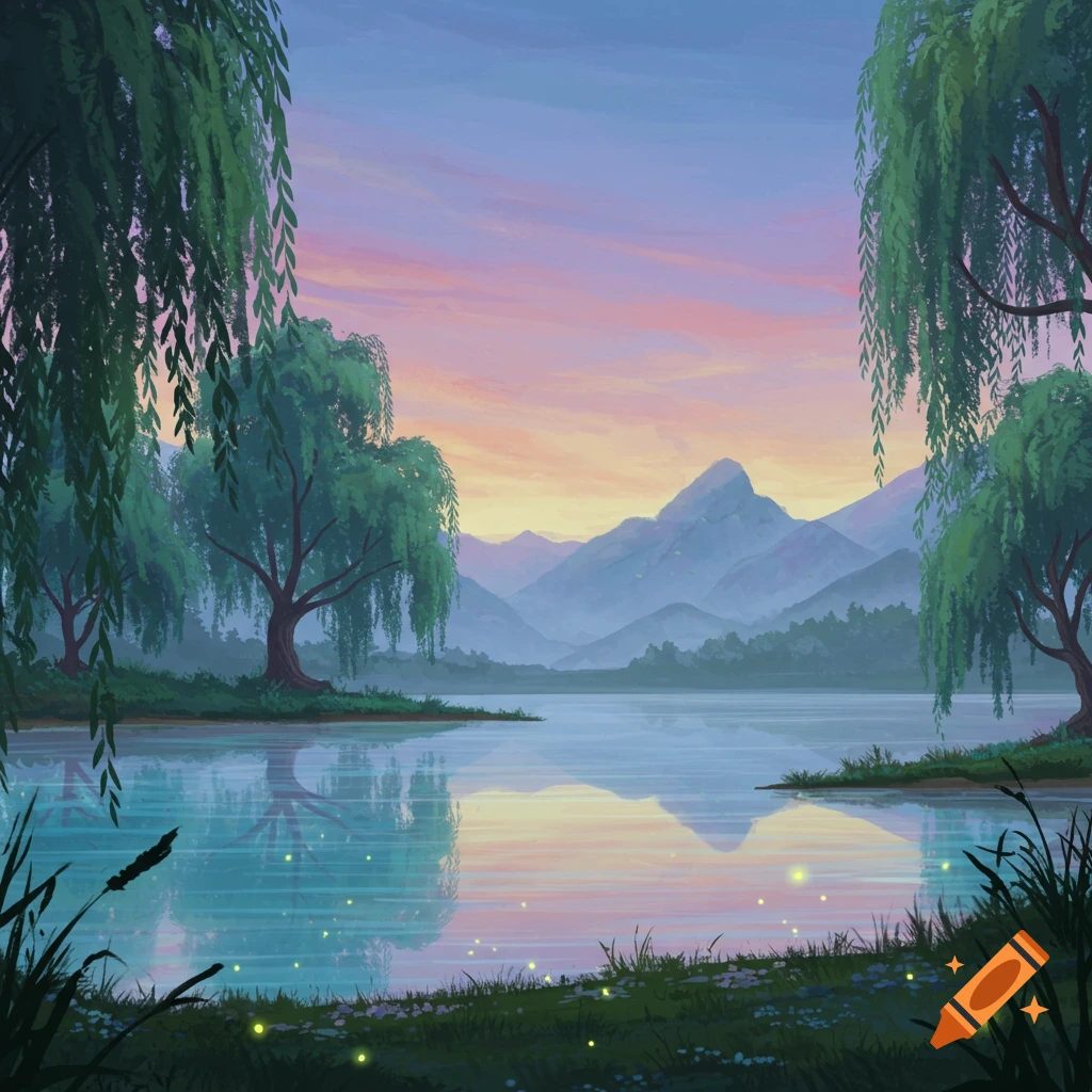 A serene illustration of a swan swimming on a calm lake at sunset ...