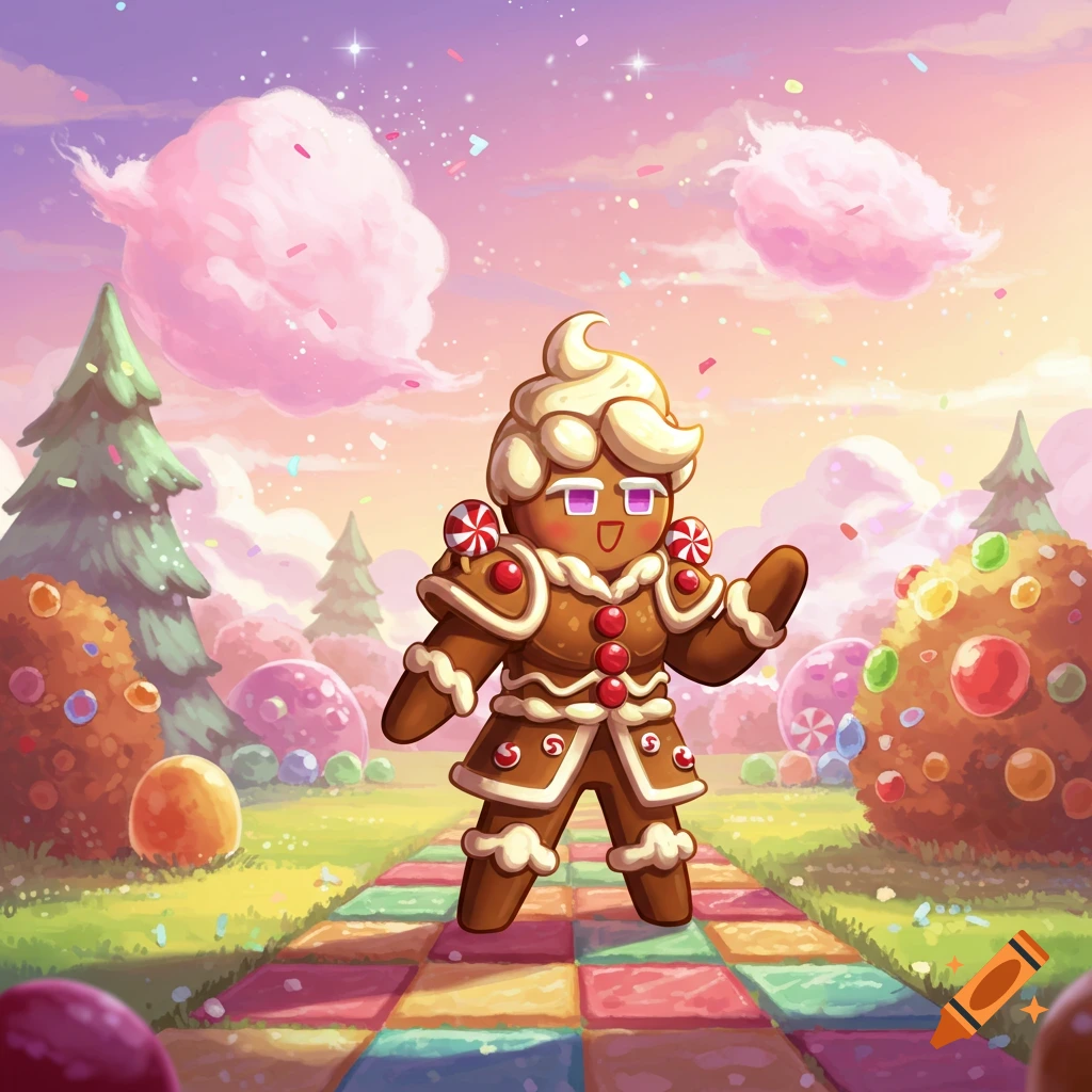 A cheerful, brown-skinned character made of a cookie base and white ...