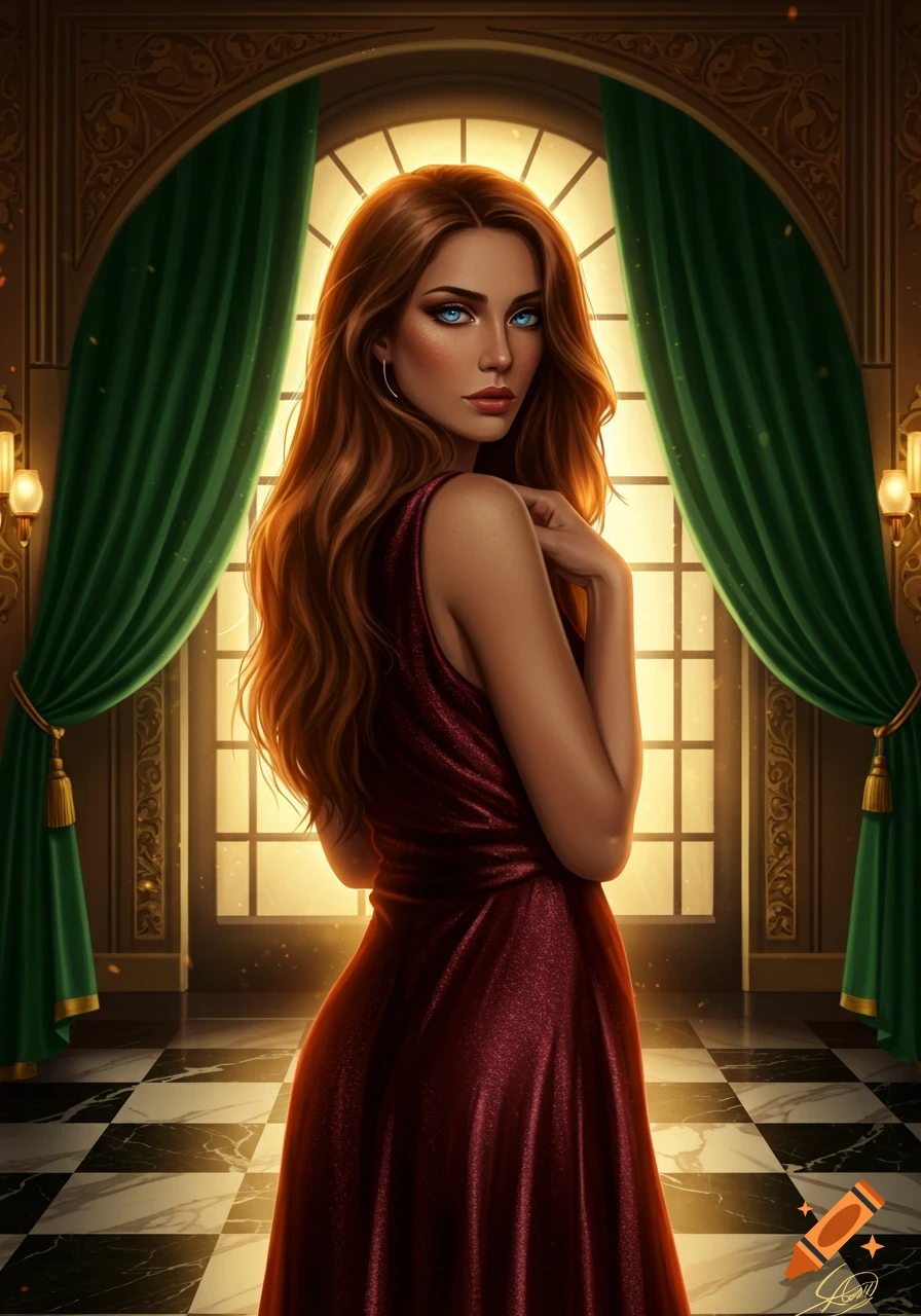 A photorealistic portrait of a woman with dark hair in a black dress ...