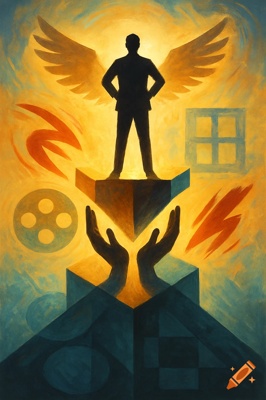 Abstract painting of a winged man's silhouette on a pedestal, with ...