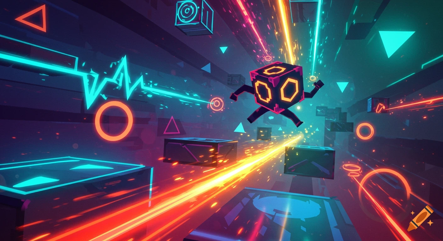 Roblox-style character floating happily in a vibrant, neon blue and ...