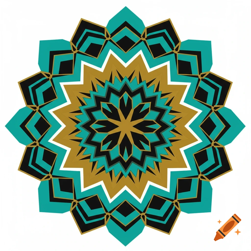 A 2D vector mandala design with turquoise, gold, and black geometric ...