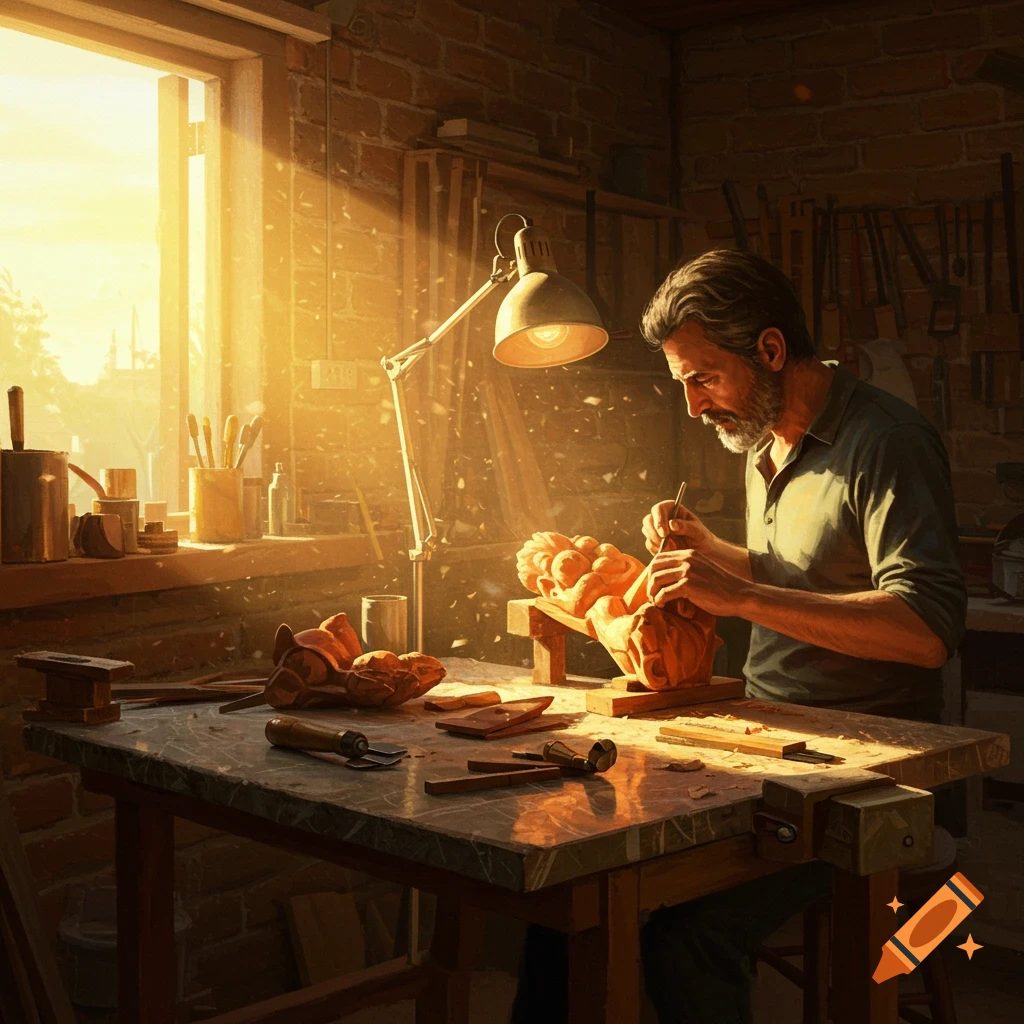 An illustration of a bustling repair cafe with a sign reading 'Caritas ...