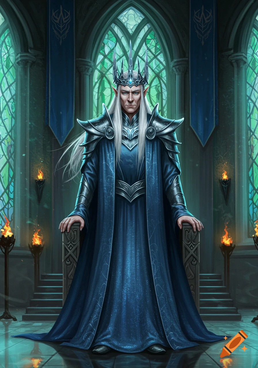 A wise elder elven king with silver hair, blue robes, and a spiky crown ...