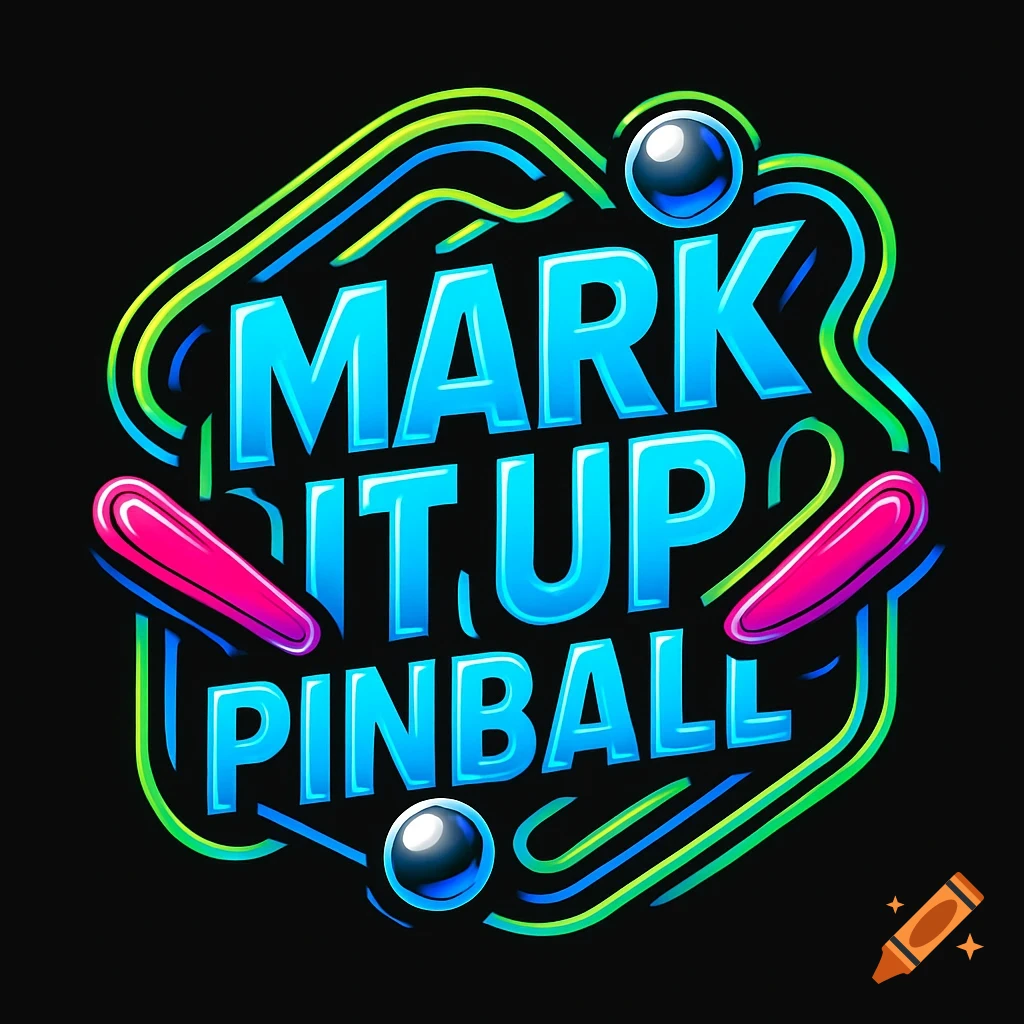 Stylized pinball logo with glowing neon lines, pink flippers, and ...