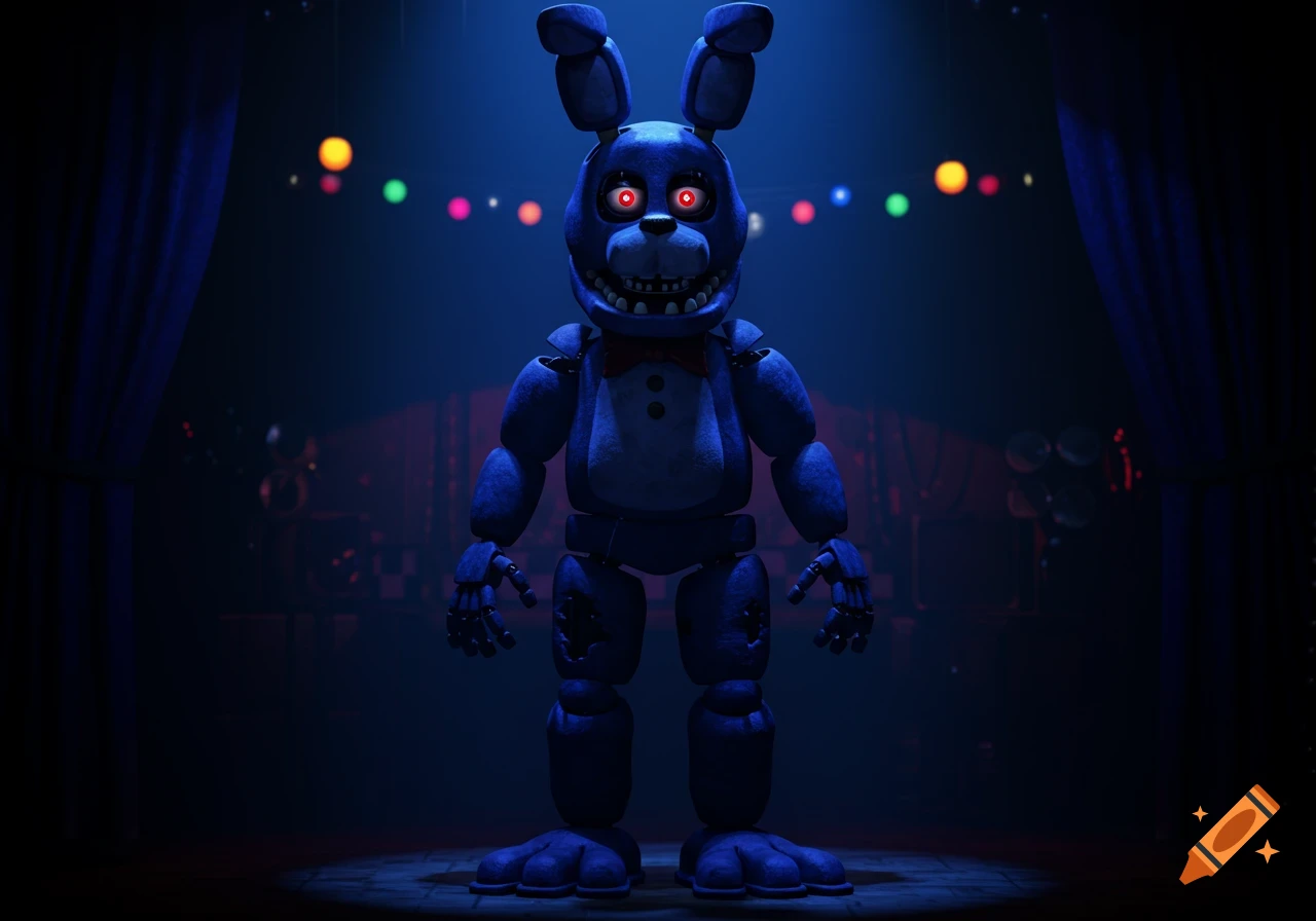 A menacing, torn blue animatronic rabbit with glowing red eyes stands ...