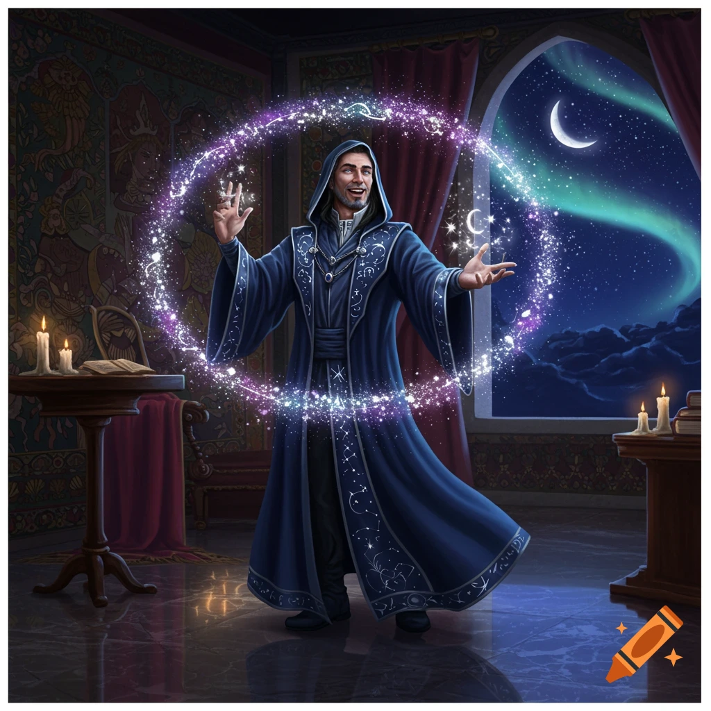 A sorceress in a blue dress holds a fiery torch and crescent staff ...