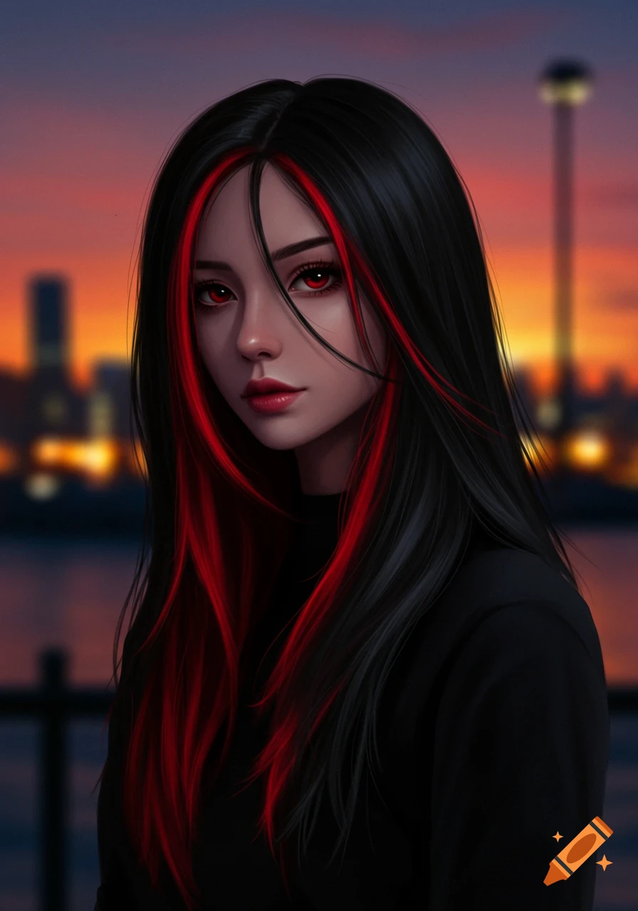 Digital painting of a girl with long black hair, red streaks, and red ...
