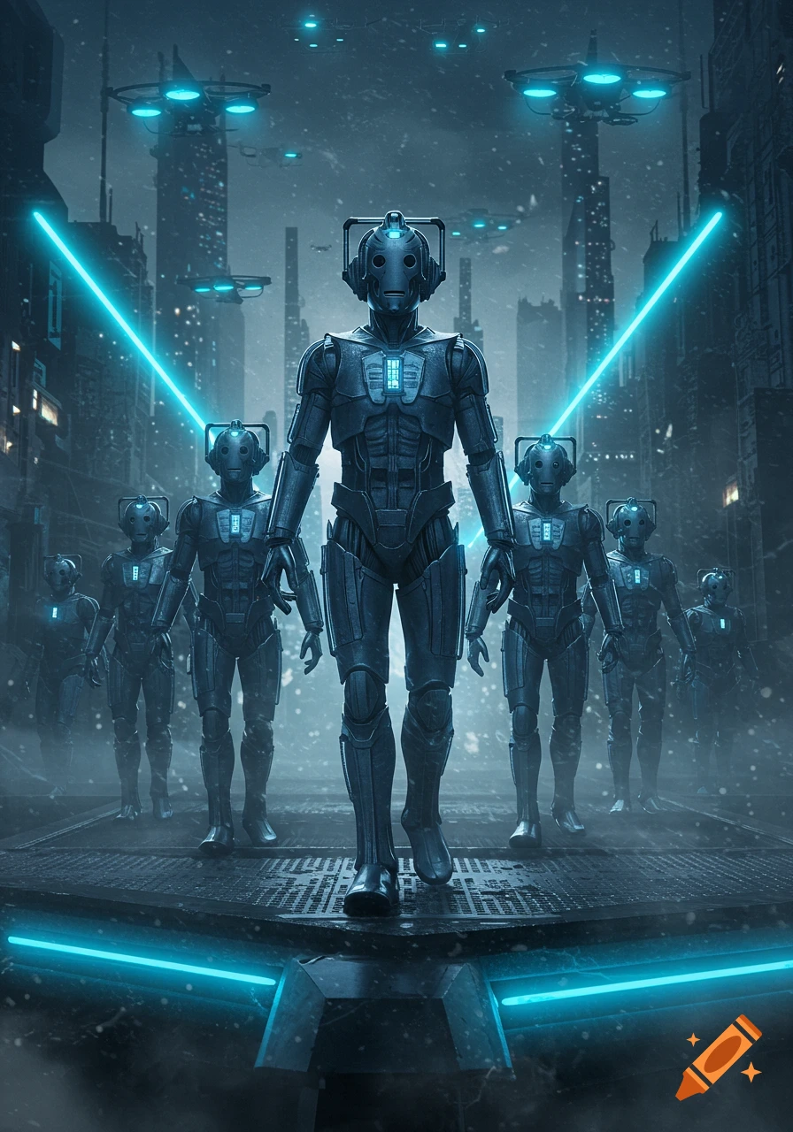 A lone figure stands in a rain-soaked, burning dystopian city under ...