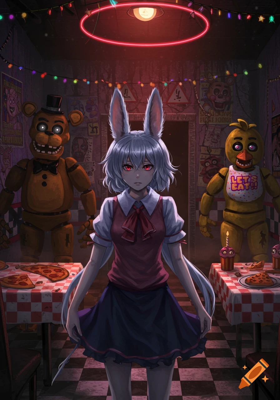 An anime girl with rabbit ears and red eyes stands in a dark pizzeria ...