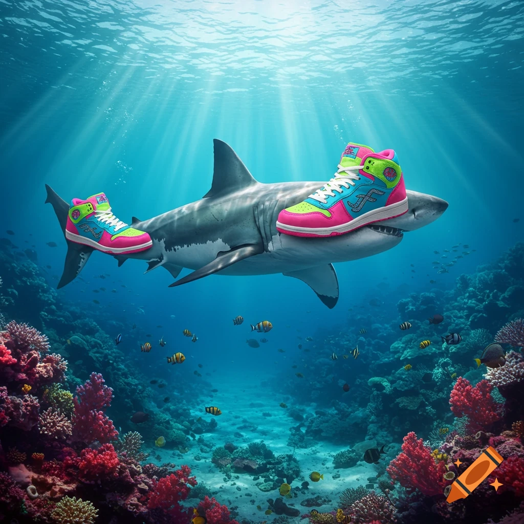 A cartoon shark with a wide grin swims underwater among colorful coral ...