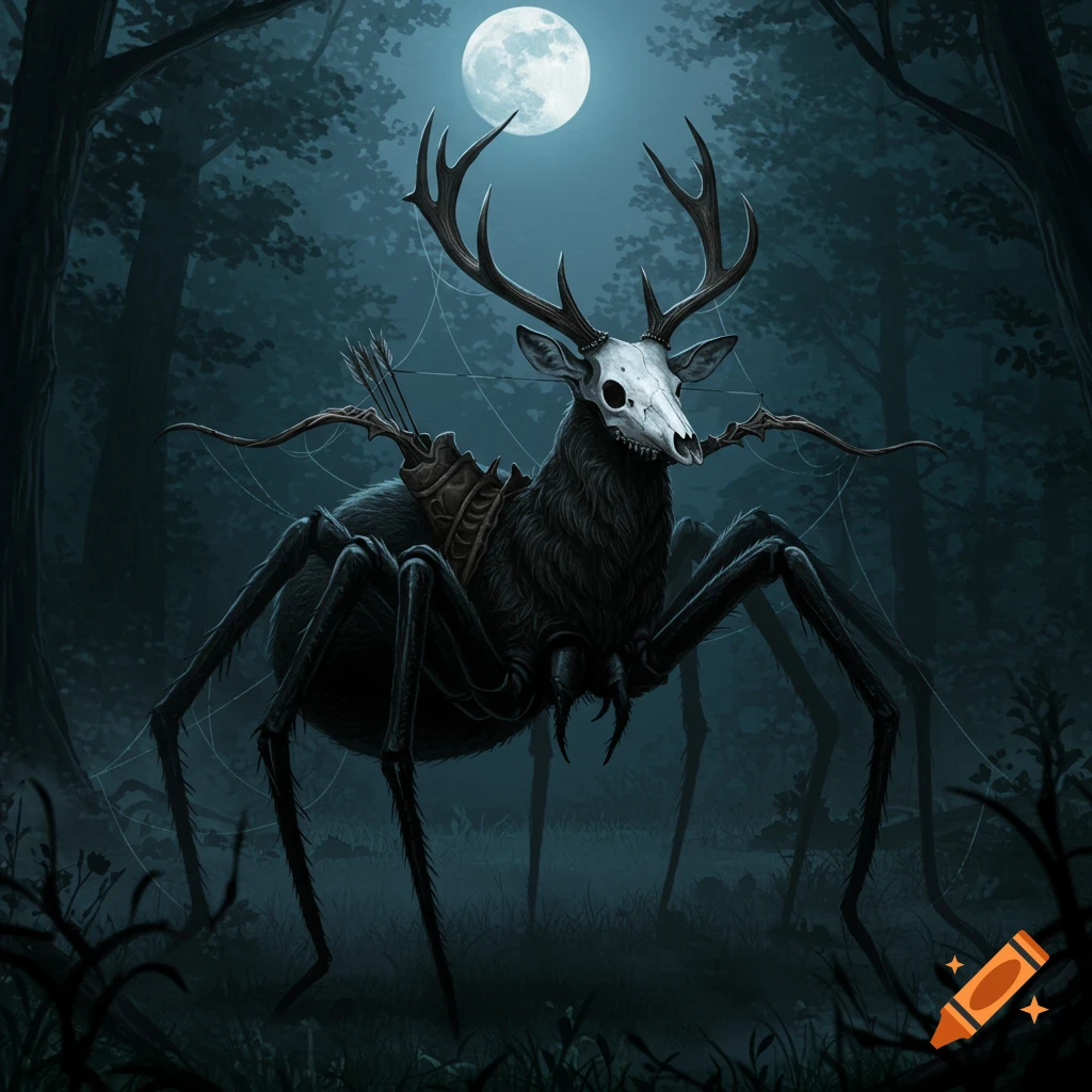 Silhouette of a woman with antlers weaving a spiderweb under a large ...