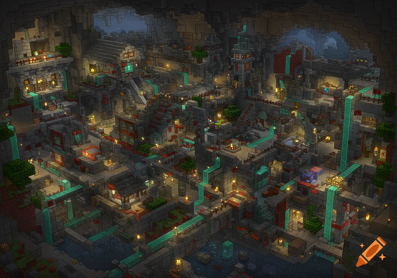 A dark, blocky Minecraft End biome with tall obsidian-like pillars ...