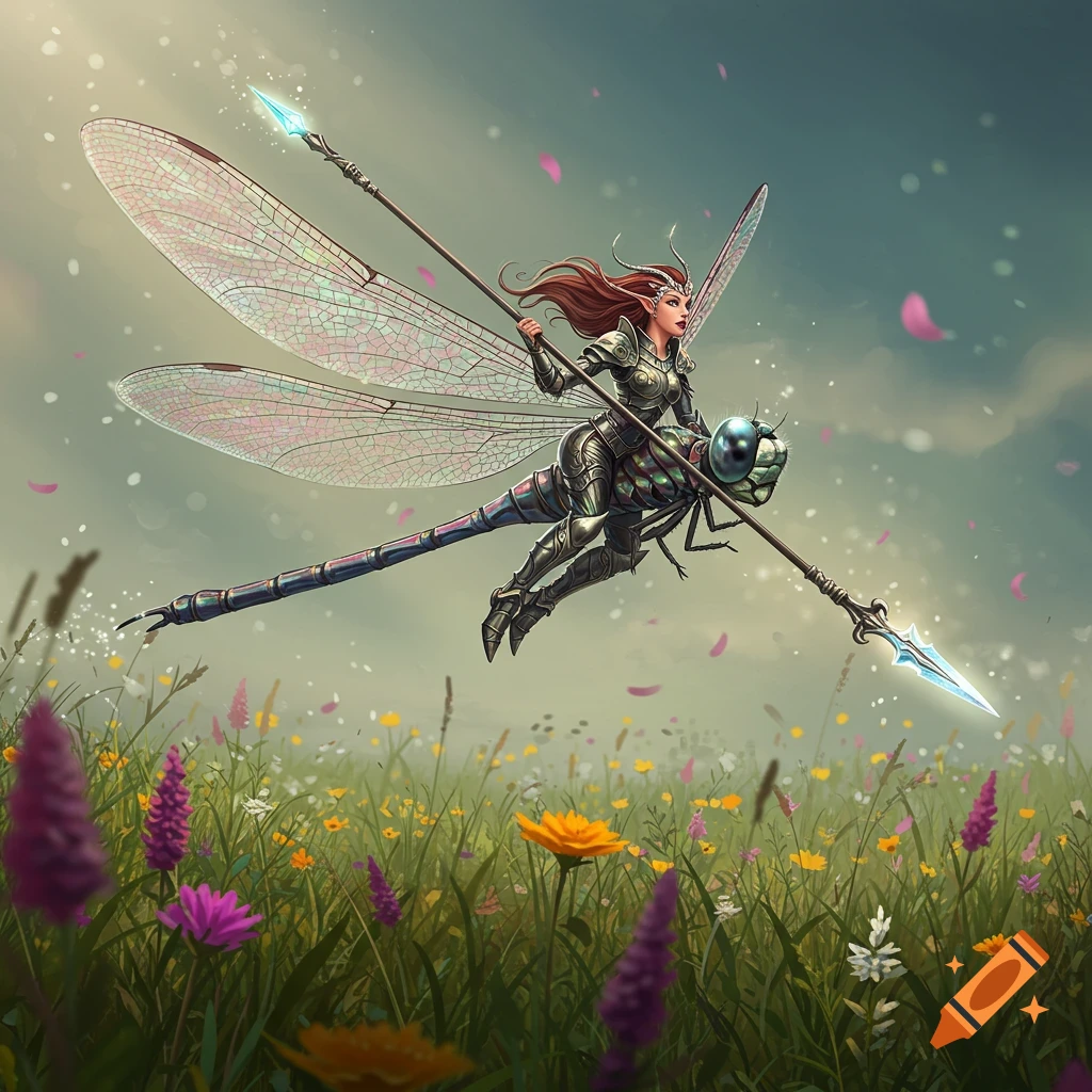 A man with large, rainbow-colored mechanical dragonfly wings and ...
