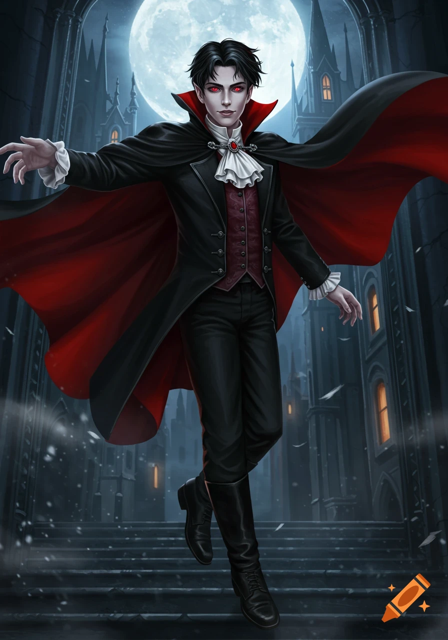 A male vampire with long black hair, red eyes, and a black and red cape stands on a cobblestone ...