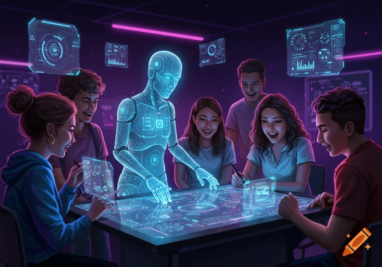 A group of people collaborating around a complex steampunk control ...