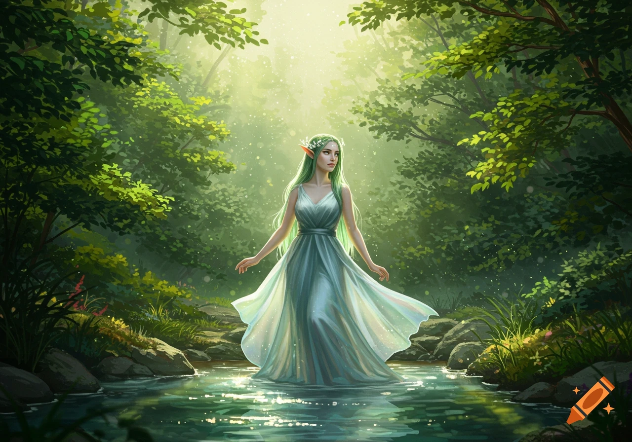 Ethereal elf woman in green and white robe stands in a sunlit fantasy forest, surrounded by ...