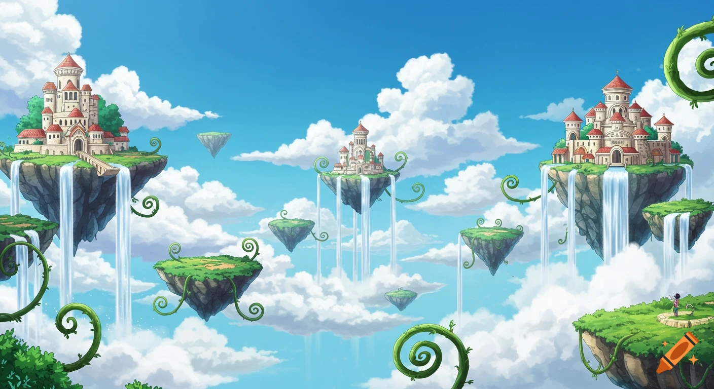 Anime-style fantasy landscape with castles on floating sky islands ...