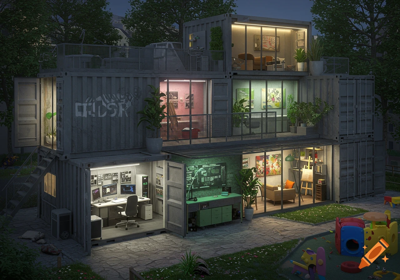 Multiple views of a modern shipping container home with solar panels, a ...