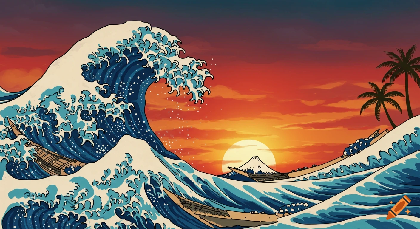 Stylized Japanese woodblock print depicting a giant ocean wave with ...