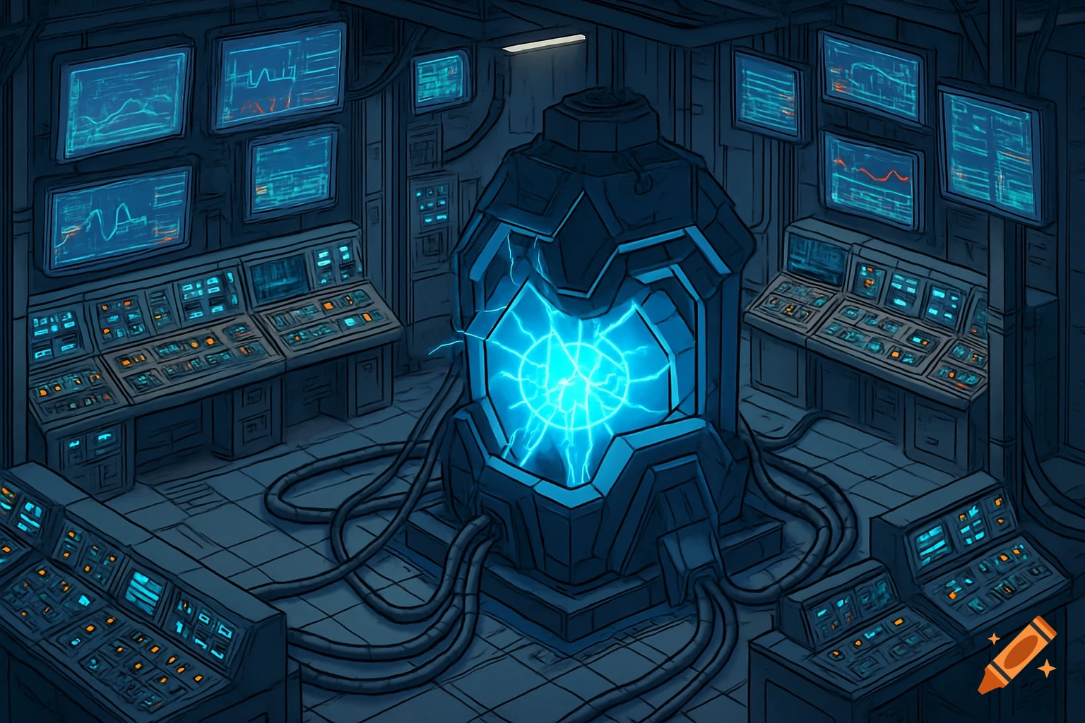 A futuristic, dimly lit control room filled with wires and servers ...
