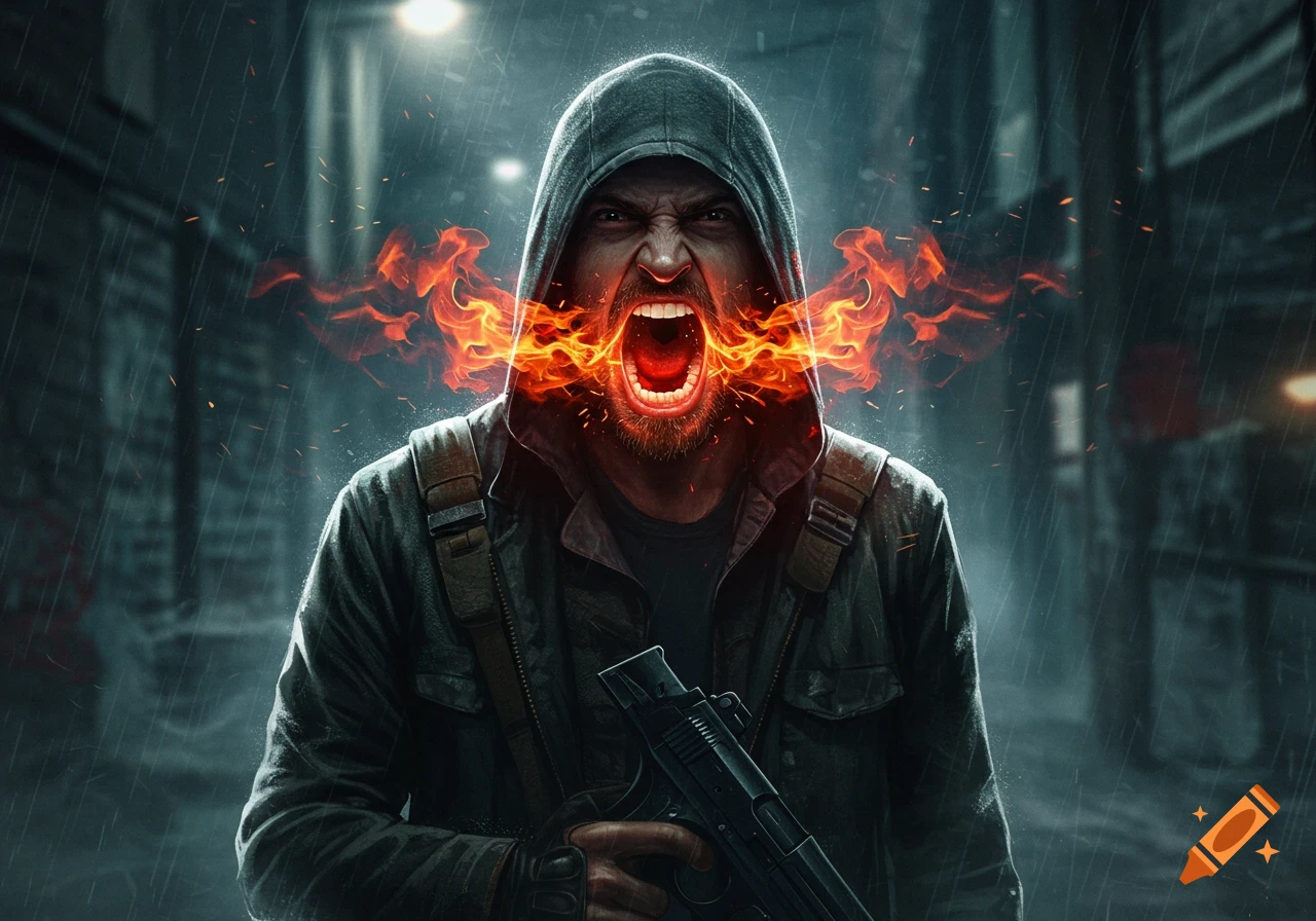 A masked bandit in a black leather jacket holds a steaming red bell ...