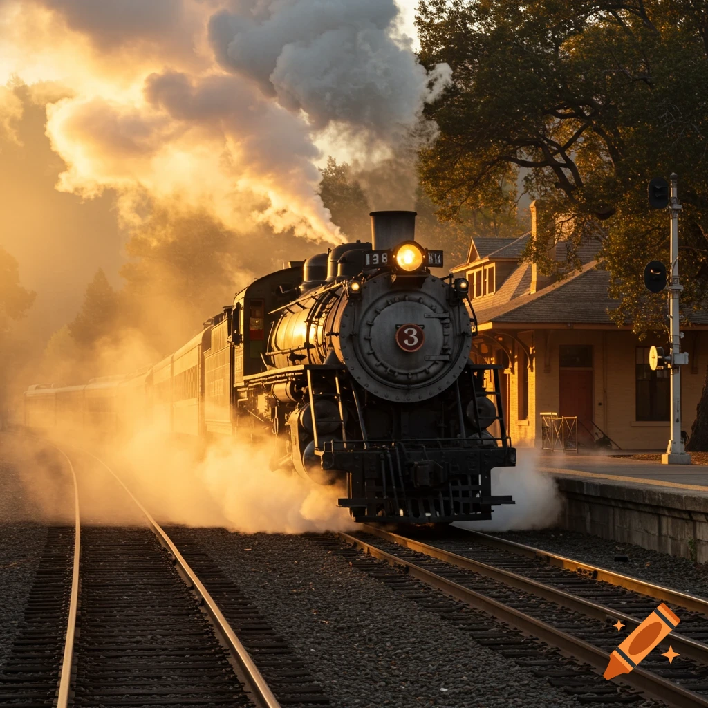 A historic steam train, number 3, chugs towards a train station with ...