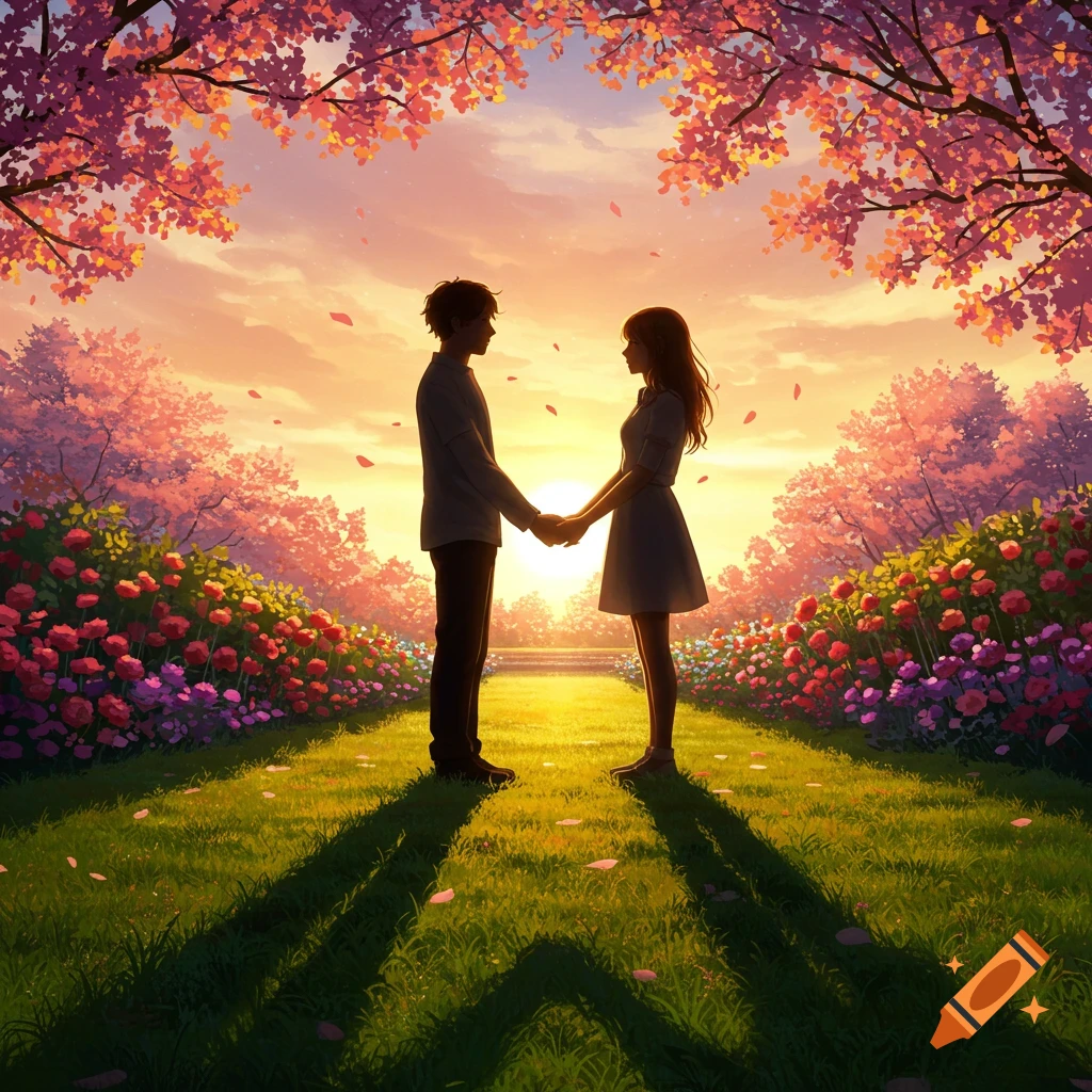 Anime-style illustration of a happy couple holding hands in a park with ...