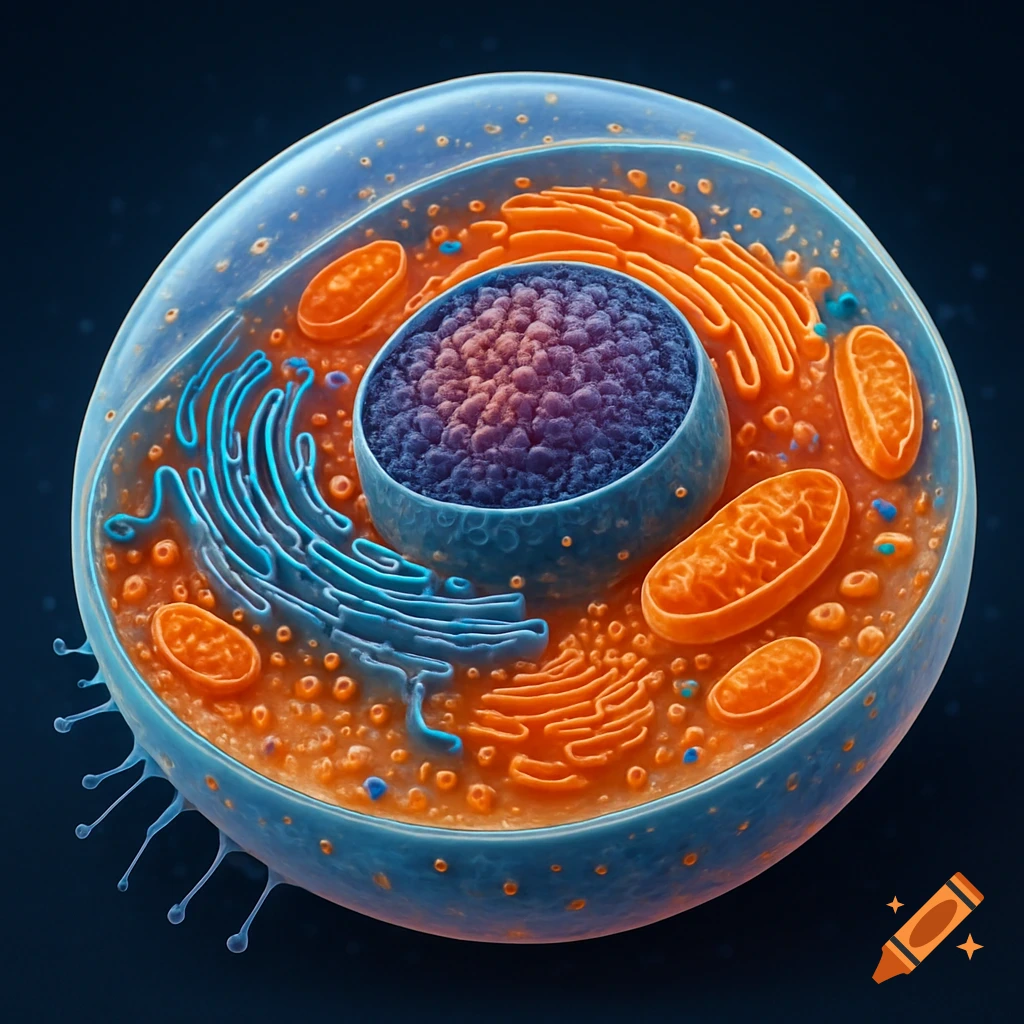 A highly detailed 3D scientific illustration of an animal cell cross ...