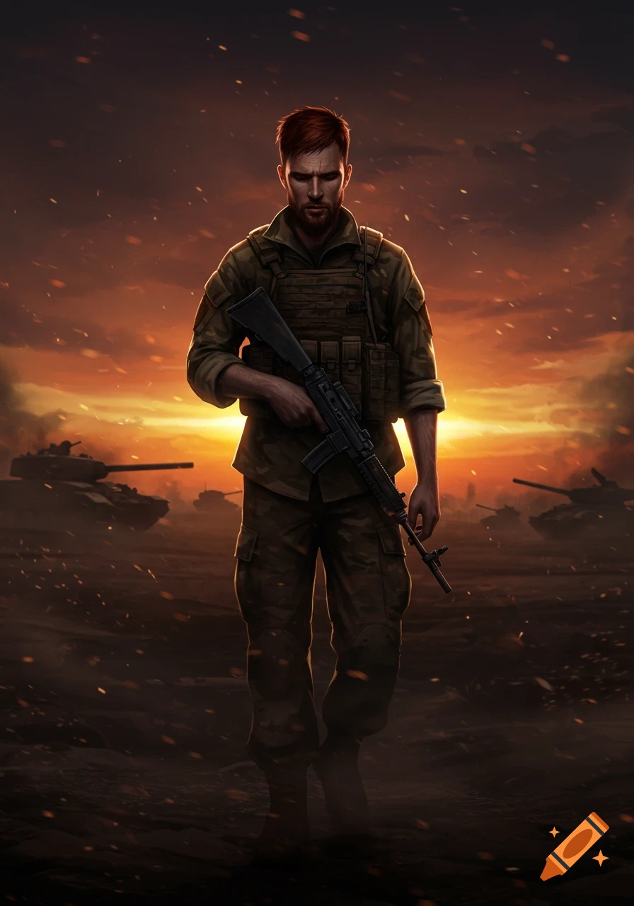 A grizzled, one-eyed soldier in camouflage and tactical gear, holding a ...