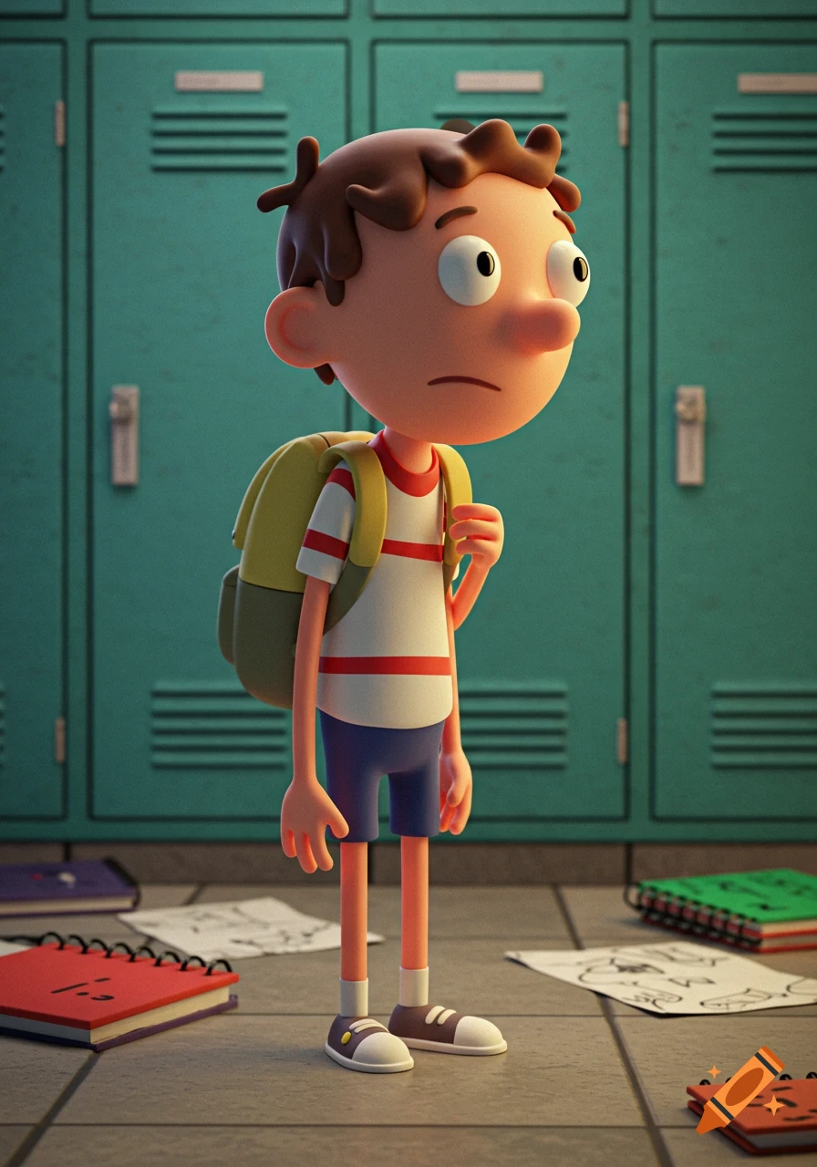 A cartoon boy in a police hat and uniform runs towards a brick building ...