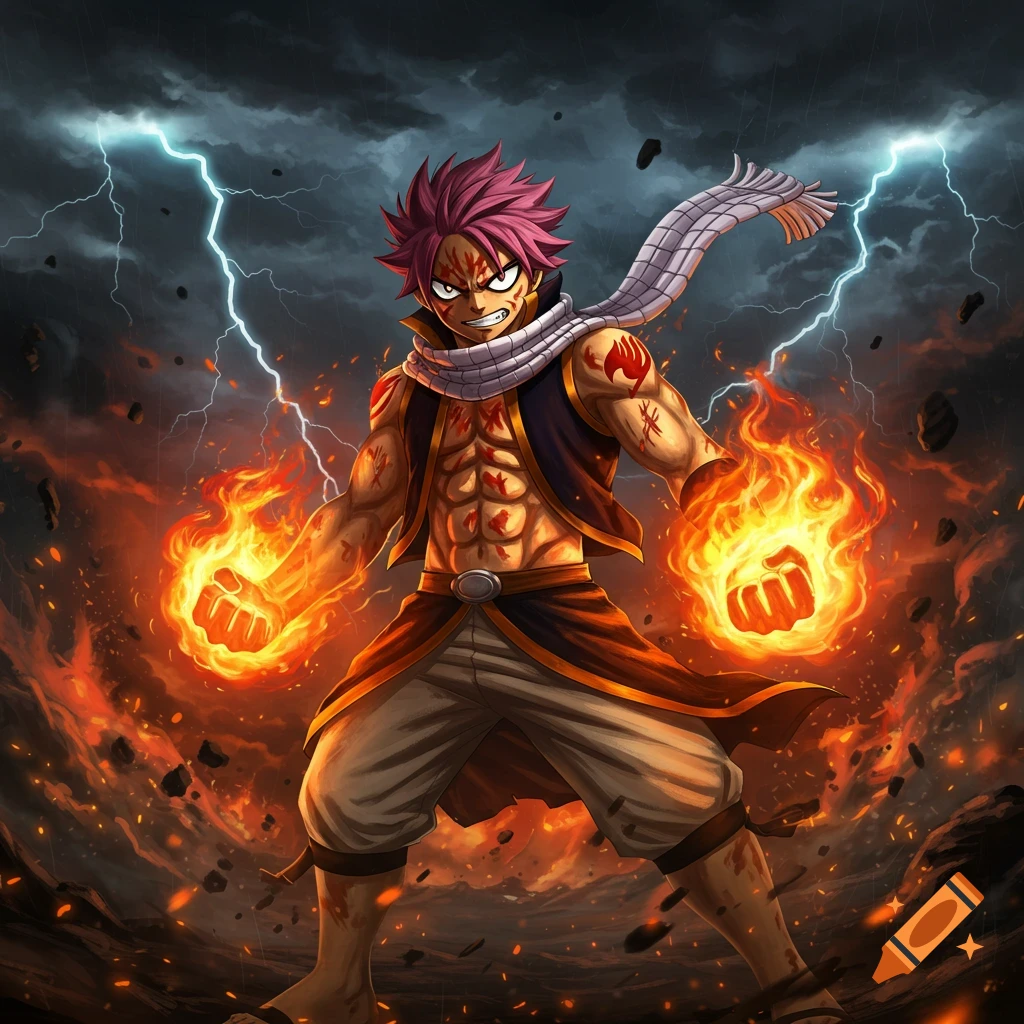 Anime character Natsu Dragneel with pink spiky hair, bare chest, and a ...