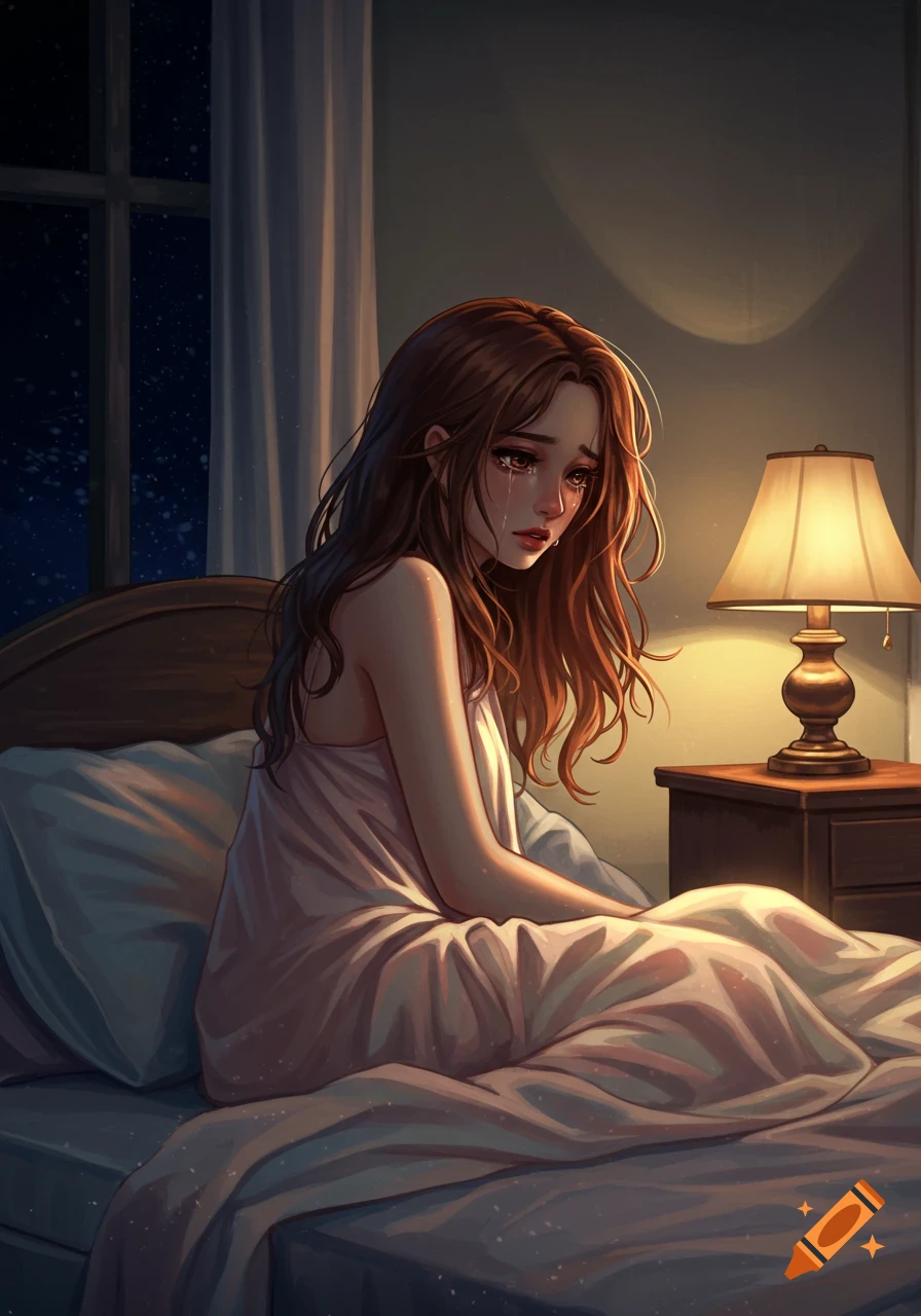 A woman with long red hair sleeps in bed, lit by moonlight from an open ...