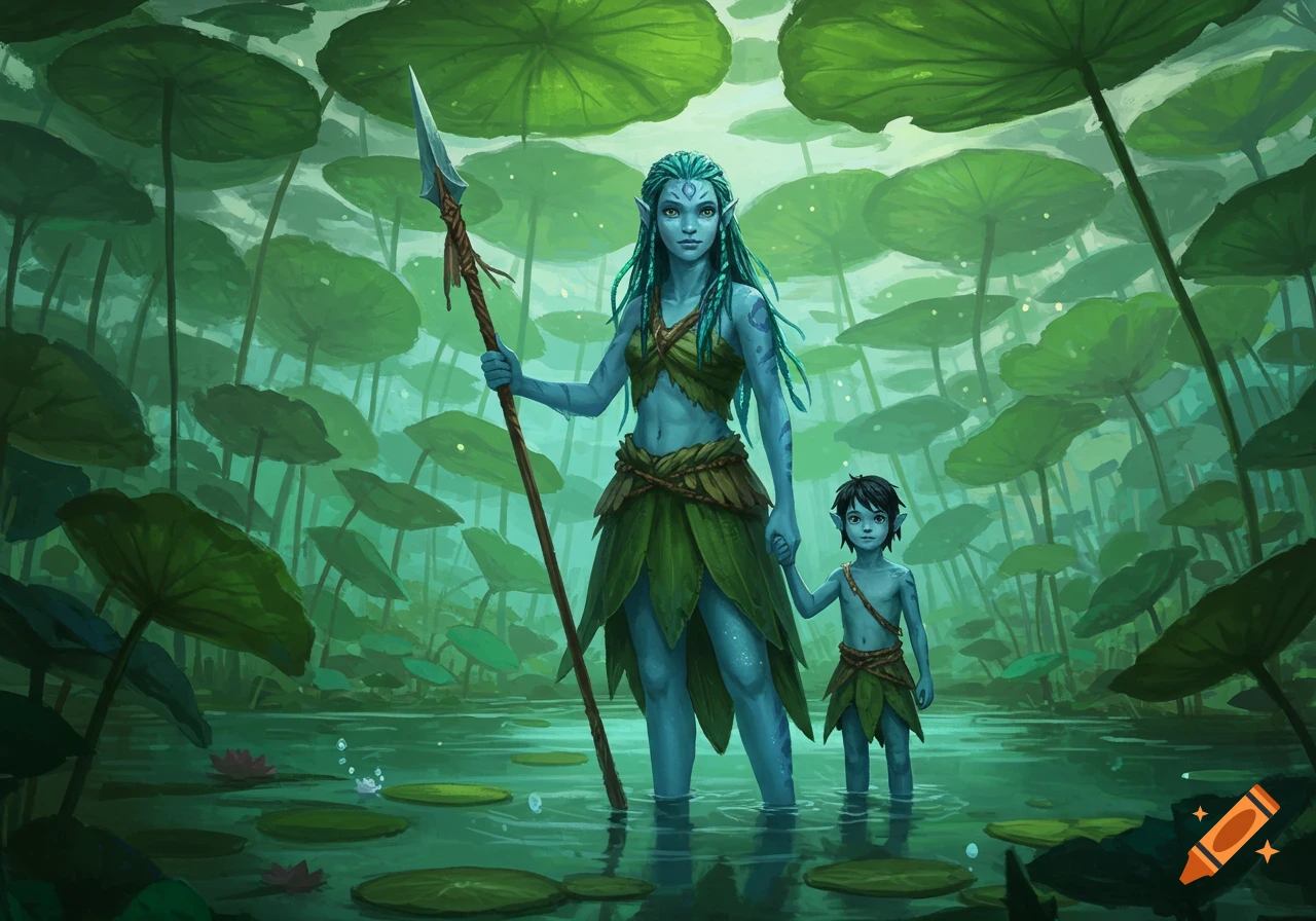 A dark elf with glowing eyes and long dark hair, wearing a green dress ...