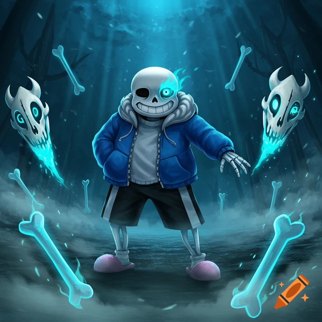 Sans from Undertale in a powerful form with blue lightning and glowing ...