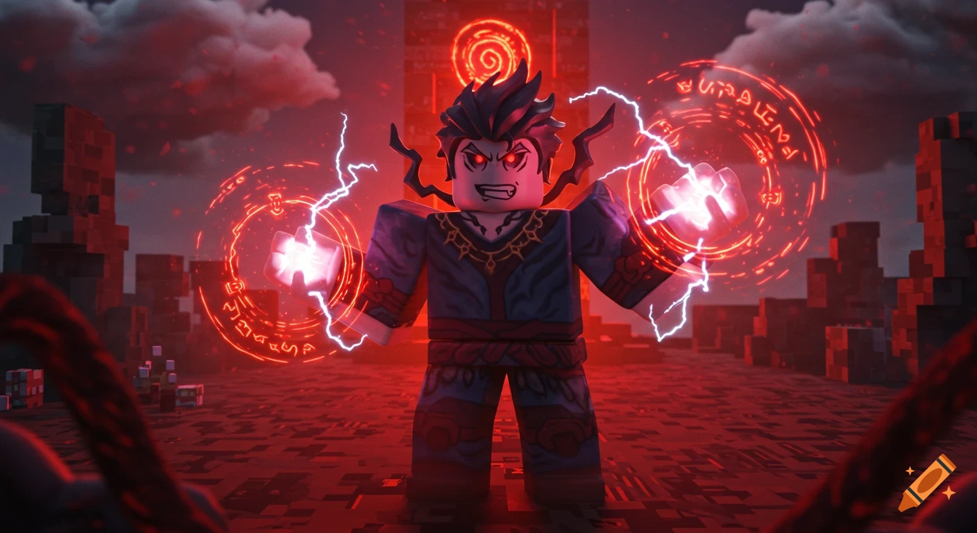 Two glowing Roblox-like figures, one blue and one purple, stand back-to ...