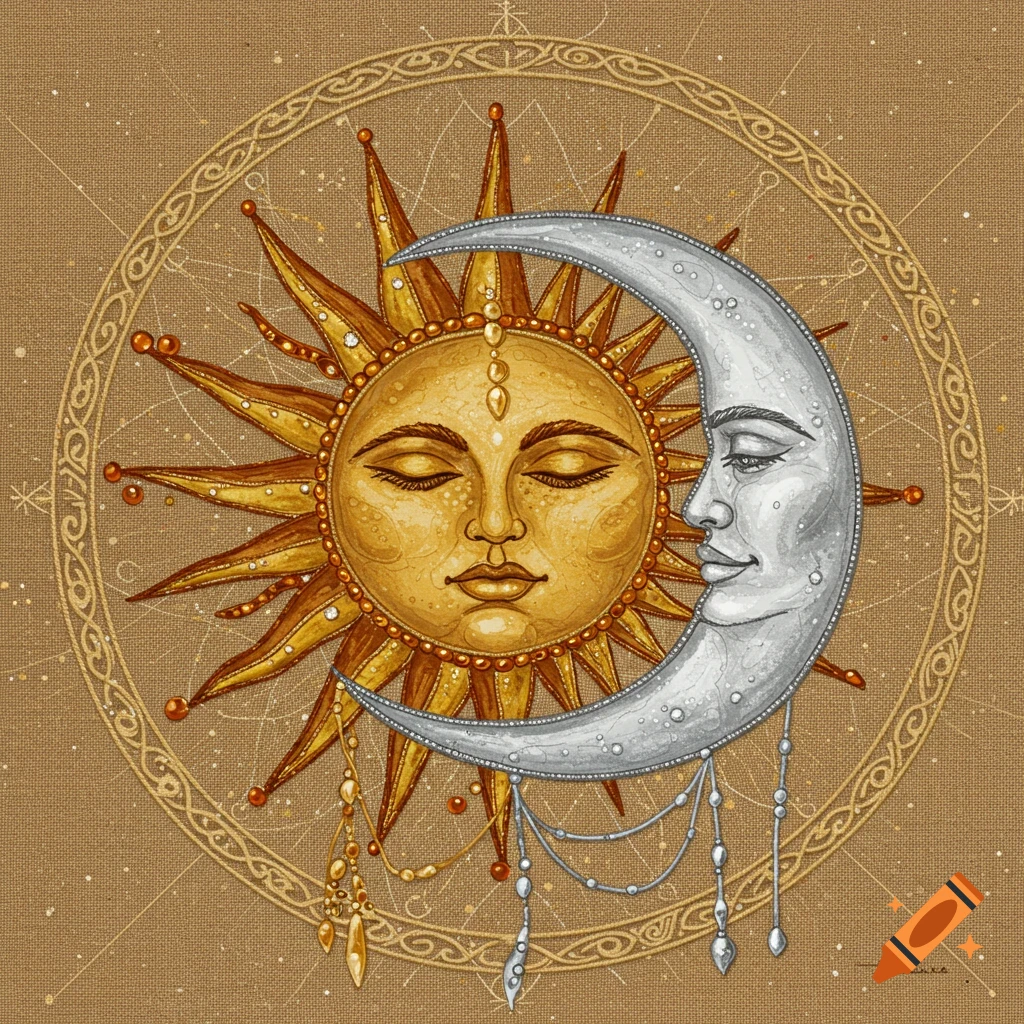Boho woven art featuring a golden sun face and a silver crescent moon face, with beads and ...