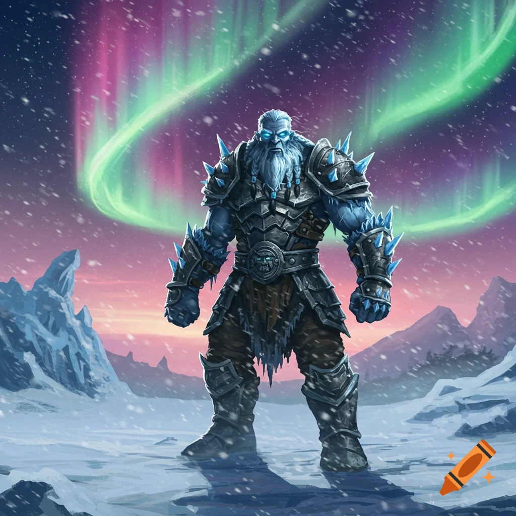 A knight in intricate ice armor stands on a snowy cliff, holding a ...