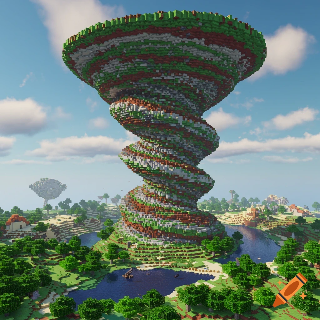 A massive, twisting, colorful block funnel structure dominates a ...