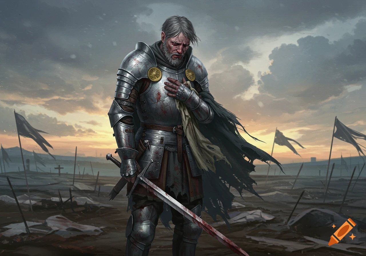 A blood-splattered knight with a beard stands before a burning ...