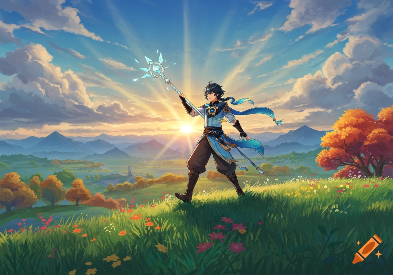 Anime illustration of a young man with a glowing staff in a vibrant ...