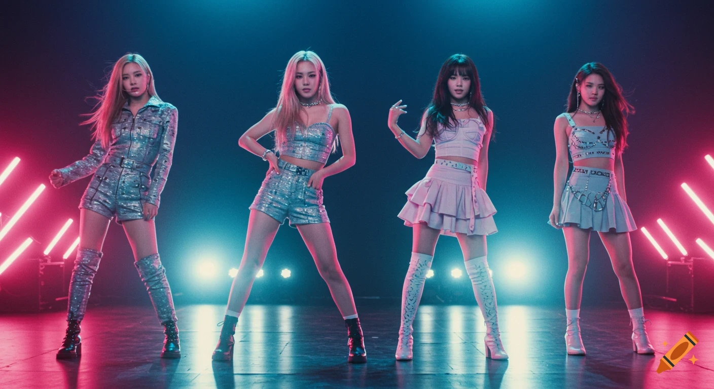 Five K-pop girl group members pose on a stage under purple and pink ...