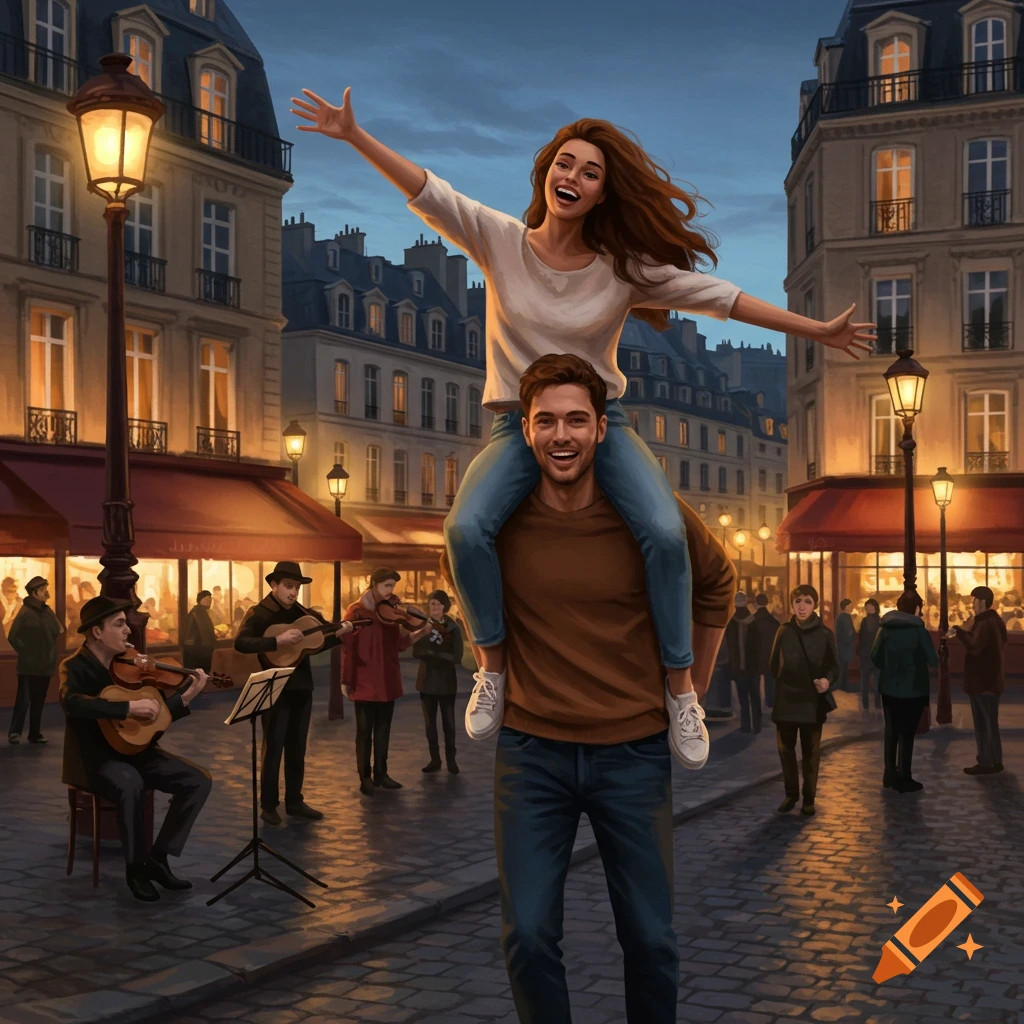 An illustrated couple holding hands walks in London with Big Ben and ...
