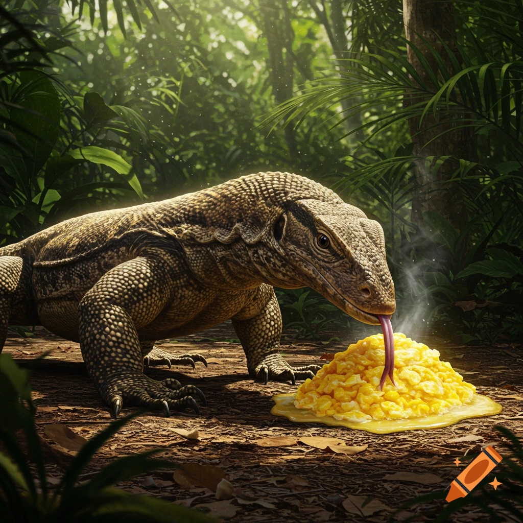 A photorealistic bosc monitor lizard with its tongue out, eating a pile ...
