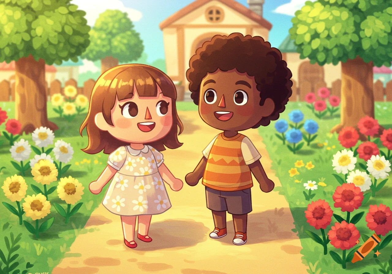An Animal Crossing-style illustration of a smiling girl and boy ...
