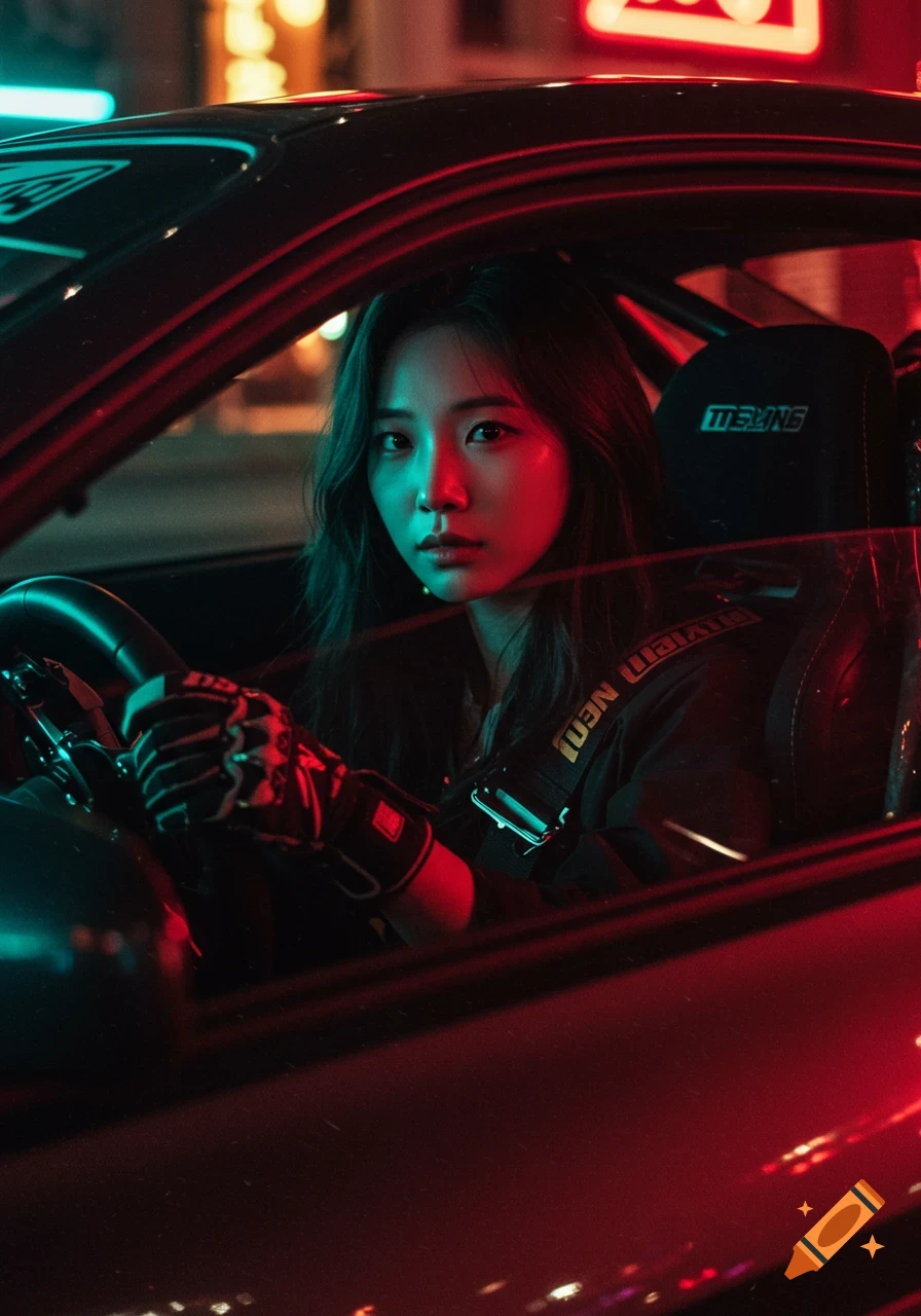 Photorealistic portrait of a woman in a race car at night, illuminated ...