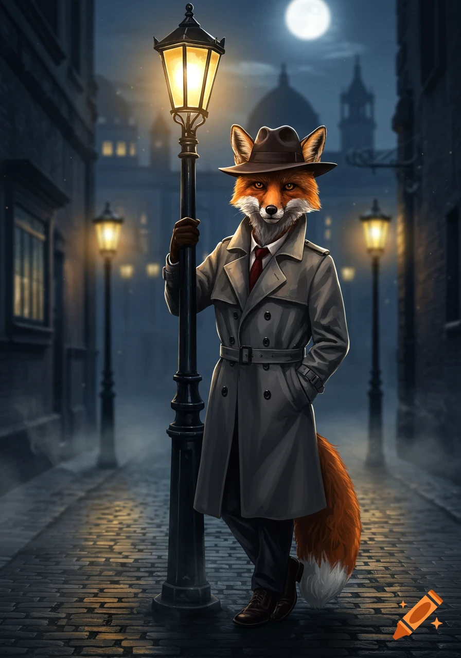 An anthropomorphic fox detective in a trench coat and fedora stands in ...