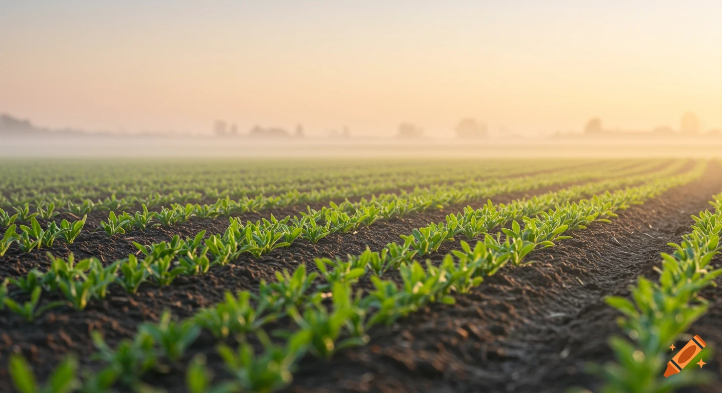 Photorealistic image of a metal sprinkler system watering a field on a ...