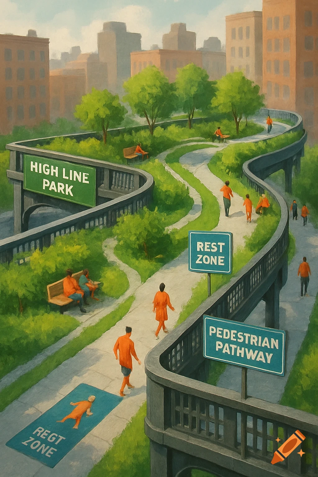 A futuristic city street at sunset, with labeled kinetic roads, bike ...