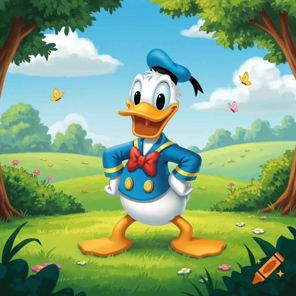 Donald Duck winks and smiles, wearing his blue sailor suit, at a ...